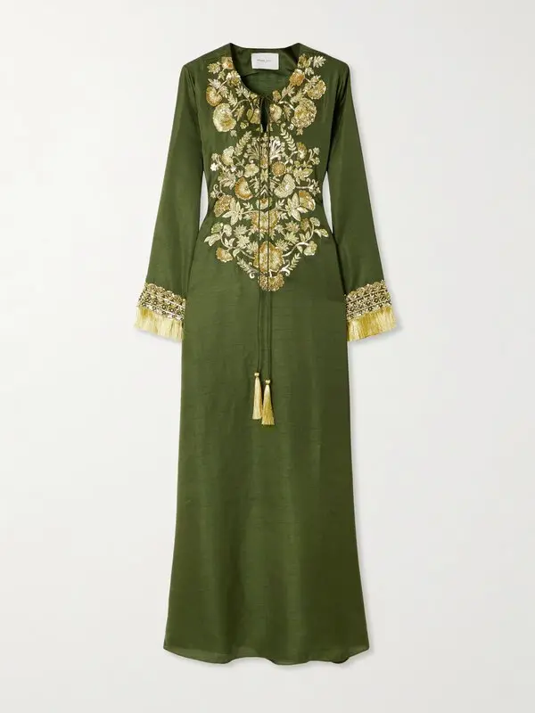 SHATHA ESSA Fringed Embellished Embroidered Silk-blend Gown