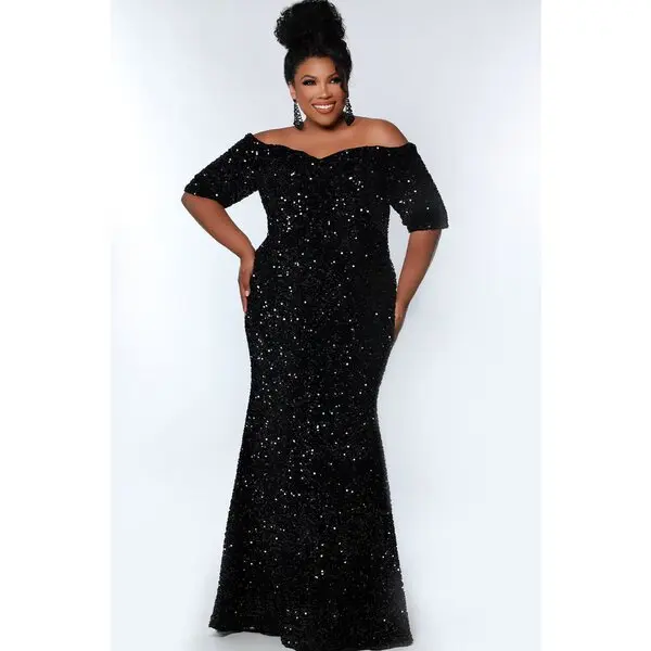 SYDNEY'S CLOSET Velvet Sequin Evening Gown - Onyx