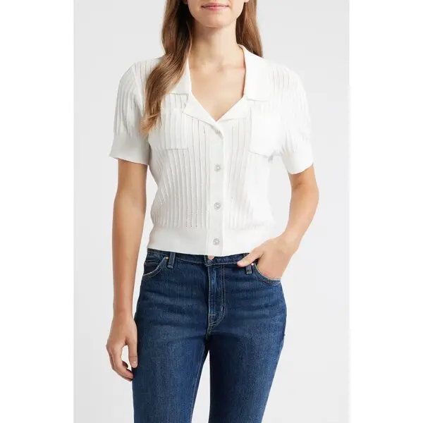 TAHARI ASL Pointelle Stitch Short Sleeve Cardigan - White