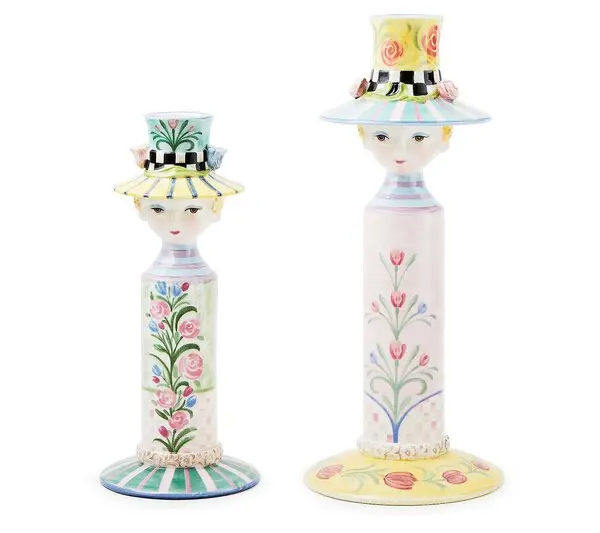 MACKENZIE-CHILDS Set Of 2 Rosy Meadow Lady Cand Le Holders