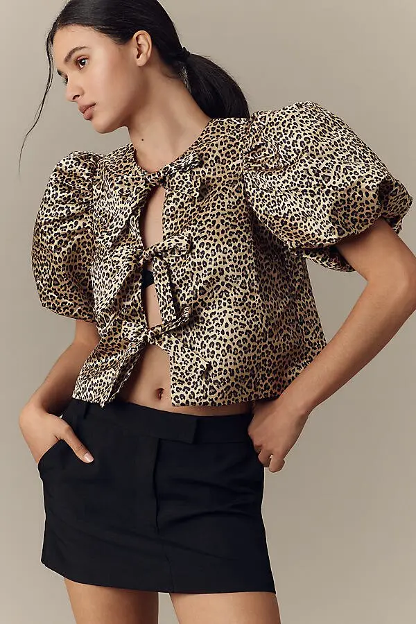 English Factory Puff-sleeve Bow Blouse - Brown Pattern