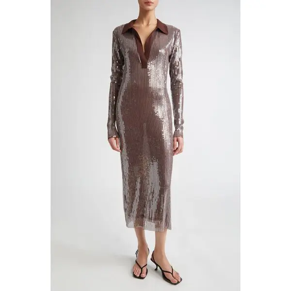 Monse Long Sleeve Sequin Mesh Midi Polo Dress - Brown