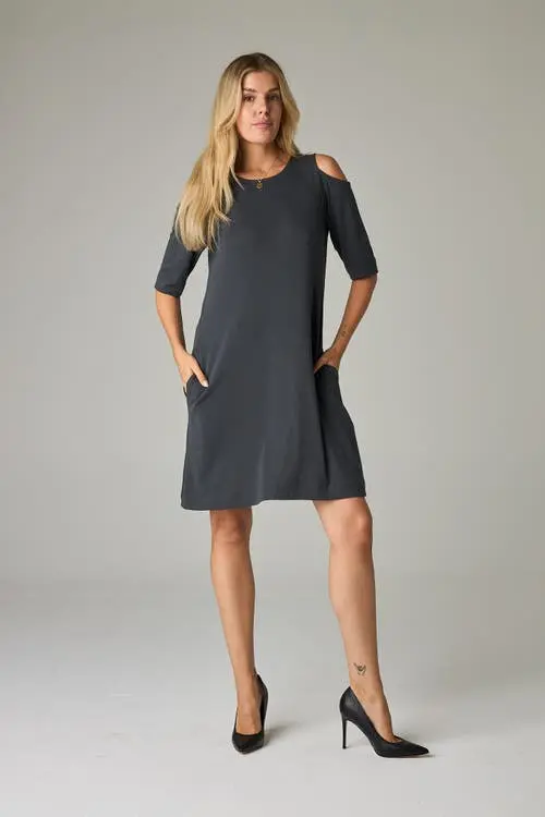 EAVOLU Cold-shoulder Tunic Dress - Slate