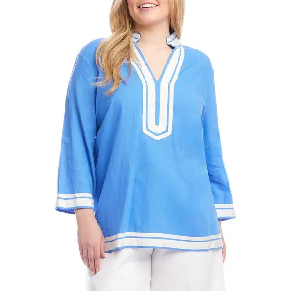 Karen Kane St. Tropez Linen Blend Tunic Top - Blue W/ White