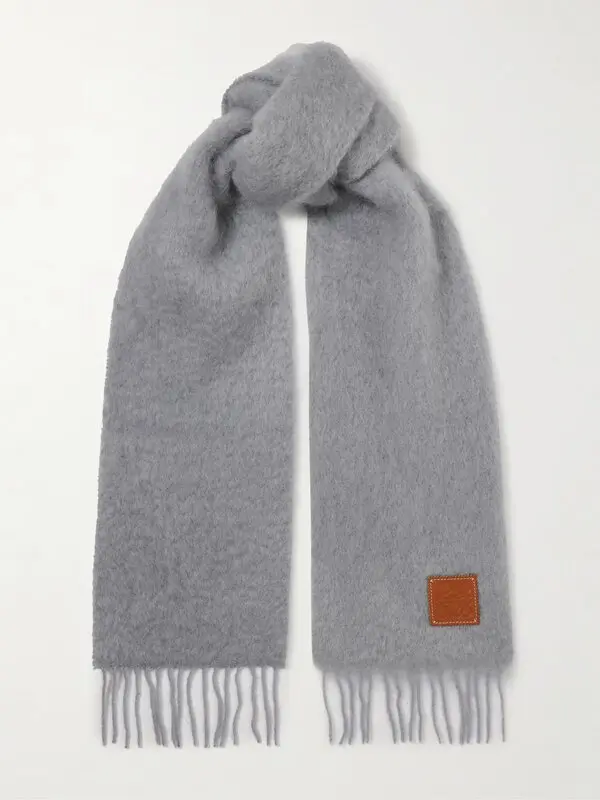 Loewe Fringed Appliquéd Leather-trimmed Brushed Mohair-blend Scarf - Gray