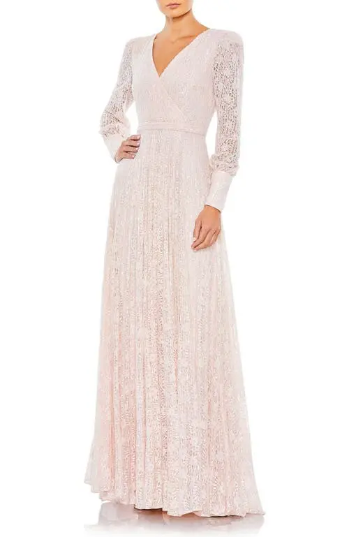 Mac Duggal Beaded Lace Wrap Over Gown - Light Rose