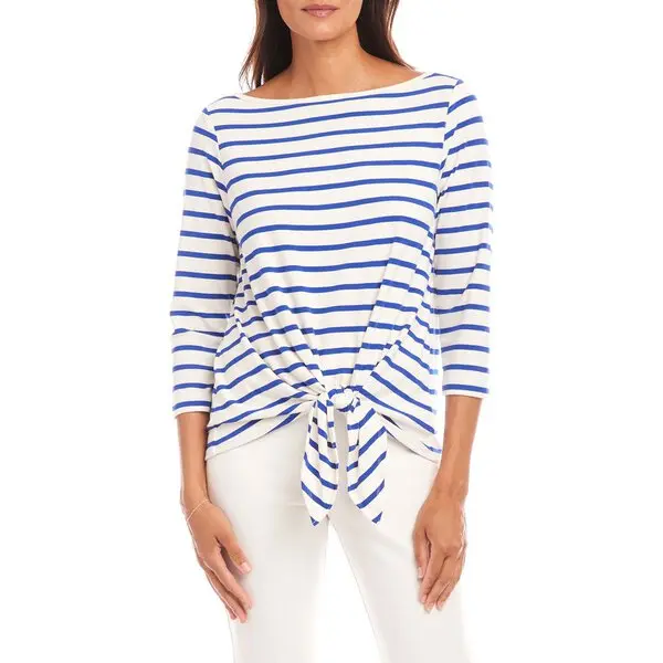 Karen Kane Stripe Tie Hem Top - Off-white W/ Blue
