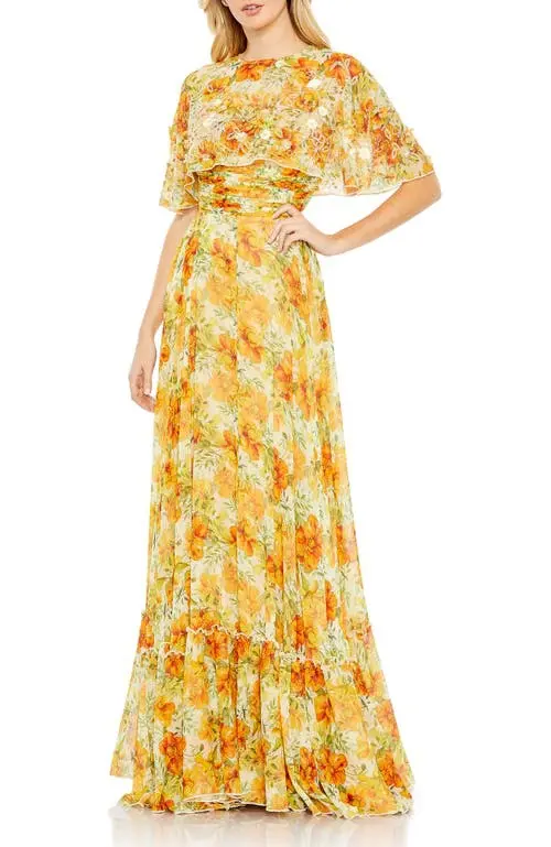 Mac Duggal Floral Print High Neck Cape Sleeve A-line Gown