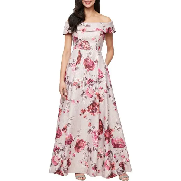 Alex Evenings Metallic Floral Jacquard Off-the-shoulder Gown