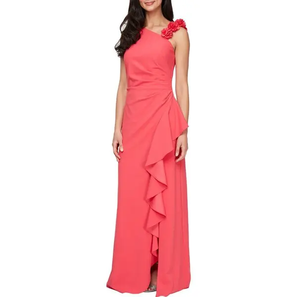 Alex Evenings Floral Strap Ruffle Detail Gown