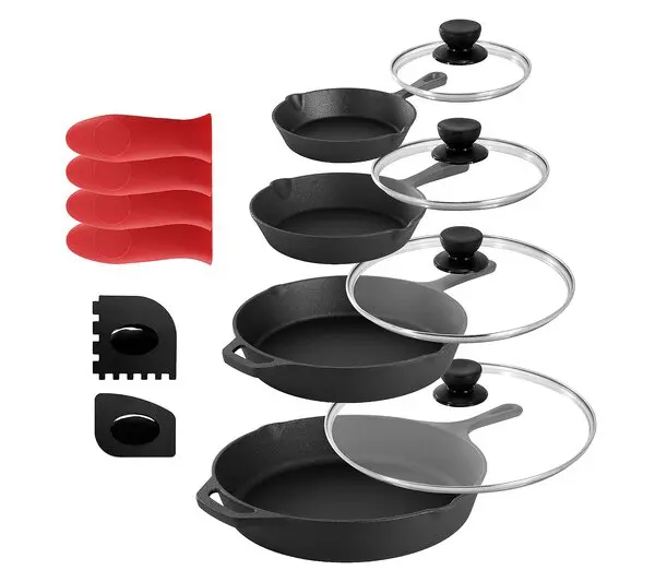 MEGACHEF 14 Pc Cast Iron Skillet Set W/ Tempere D Glass Lid