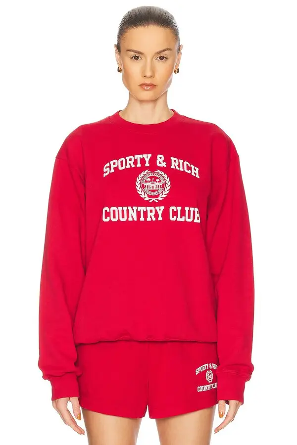 SPORTY & RICH Varsity Crest Crewneck Sweatshirt - Ruby