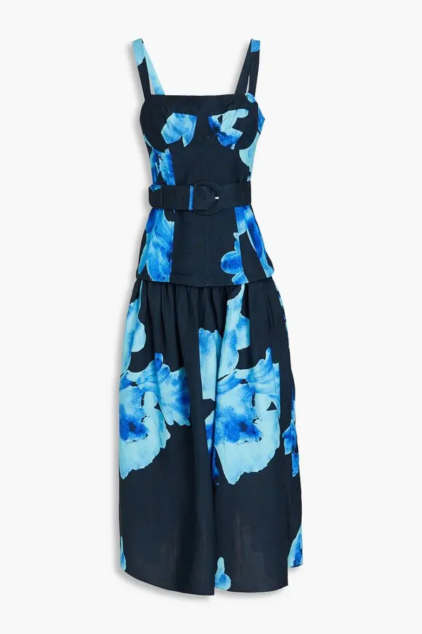 NICHOLAS Belted Floral-print Linen-blend Midi Dress