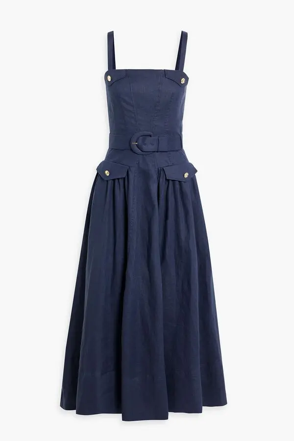 NICHOLAS Belted Linen Midi Dress