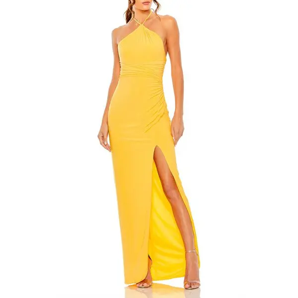 Mac Duggal Halter Neck Ruched Side Front Slit Gown