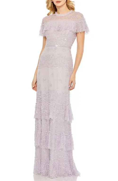 Mac Duggal Hand Embellished Cap Sleeve Ruffle Tiered Gown