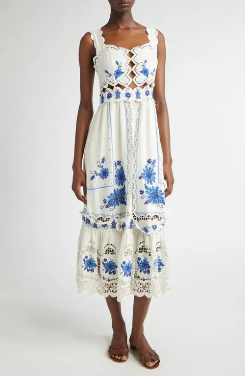 Farm Rio Richilieu Embroidered Linen-blend Midi Sundress