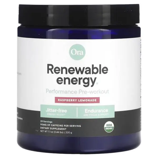 ORA ORGANIC Renewable Energy: Pre-workout Powder Raspberry Lemonade 200 Grams