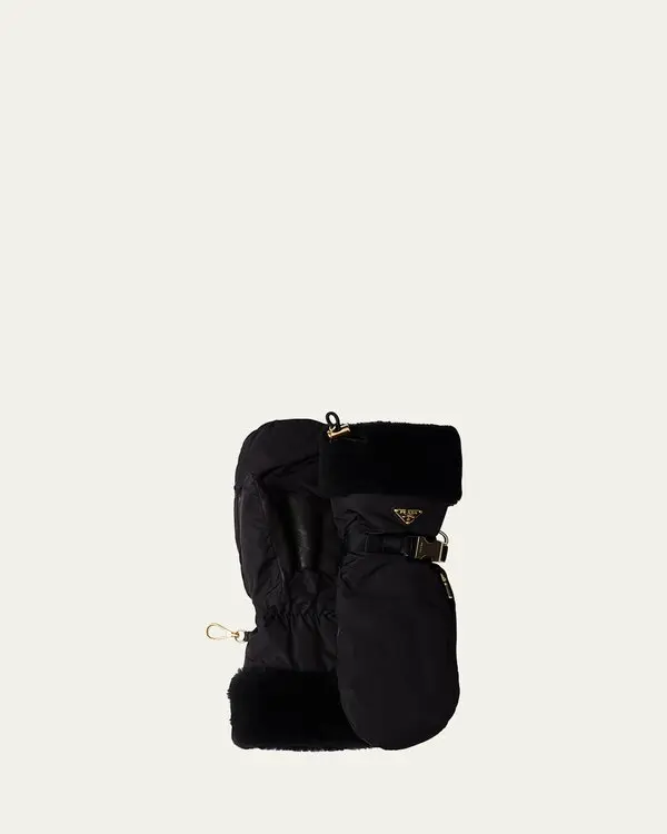 Prada Re-nylon And Sheep Fur Mittens - Nero