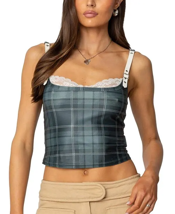 EDIKTED Plaid Lacey Peekaboo Top - Green