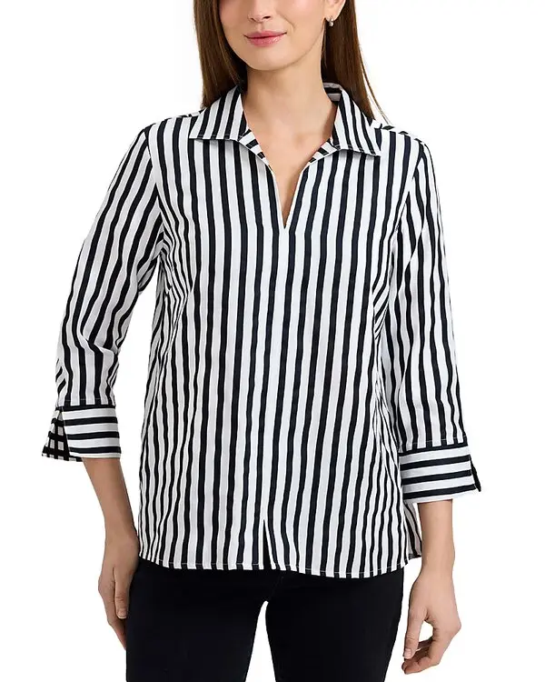 Foxcroft Agnes Long Sleeve Striped Cotton Shirt - White/ Black