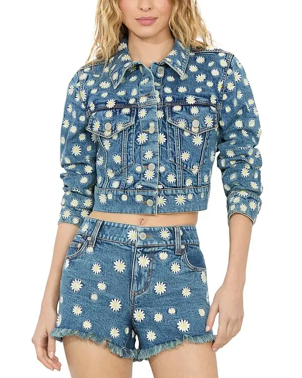 Alice + Olivia Embroidered Cropped Jacket - Medium Wash