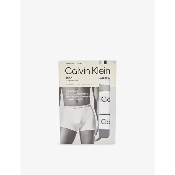Calvin Klein Icon Logo-waistband Pack Of Three Stretch-cotton Trunks - Black White Gry Heathr