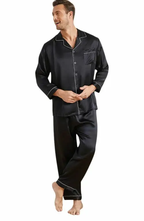 SILKSILKY Silk Lapel Long Sleeve Pajamas Set - Black