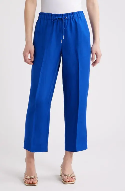 Anne Klein Linen Blend Cropped Wide-leg Drawstring Pants - Santorini Blue