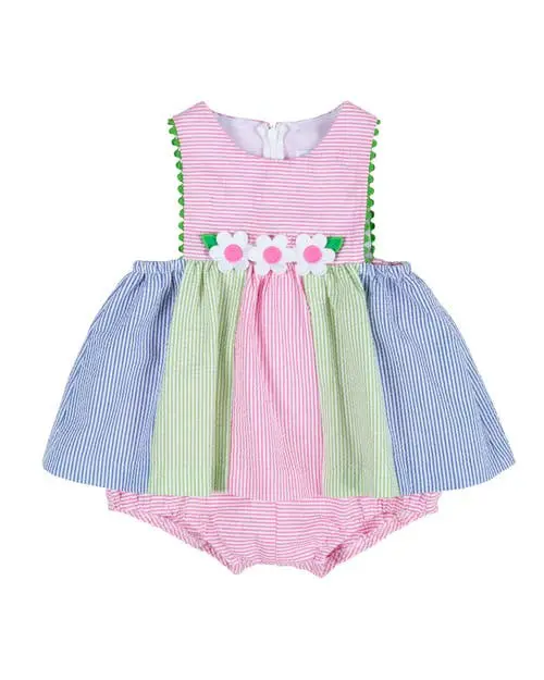 FLORENCE EISEMAN Seersucker Romper With Flower Appliqués