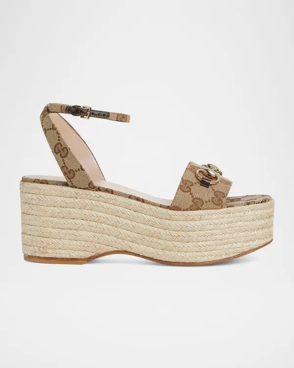 Gucci Lady Horsebit Gg Platform Espadrille Sandals - Beige Ebony Cocoa