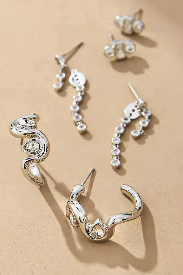 Anthropologie Wavy Huggie Hoop Earring Set In Silver 50% Off