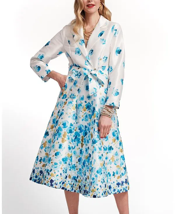 FRANCES VALENTINE Lucille Pocket Full Of Posies Poly Dupion Wrap Dress - Oyster Blue