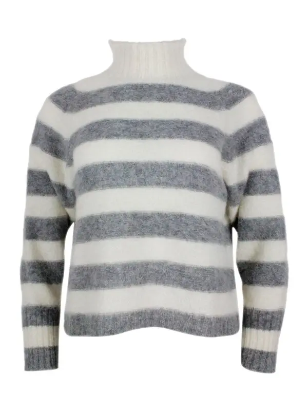 Antonelli Firenze Turtleneck Striped Alpaca Blend Sweater - Bianco - Grigio