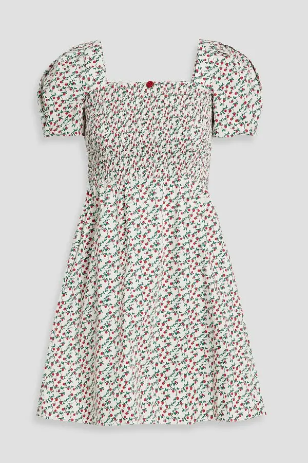 HVN Former Shirred Floral-print Mini Dress - Off-white