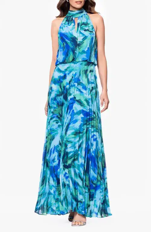 Xscape Evenings Abstract Floral Pleated Chiffon Gown In Turquoise/ Navy -  61% Off | Editorialist