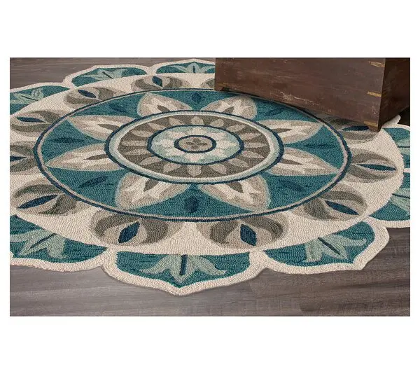 OX BAY TRADING CO. Ox Bay Scalloped Edge Handtufted Wool Indoor Ru G, 4' Aqua/gray