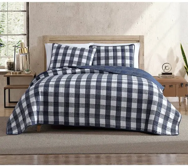 Eddie Bauer Lakehouse Plaid Blue Twin Quilt Sha M Set