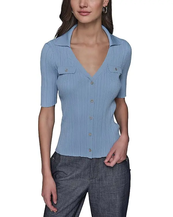 Karl Lagerfeld Paris Collared Ribbed Sweater Top