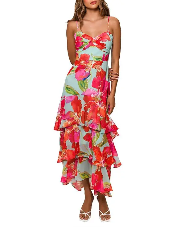 Hutch Kennedi Ruffled Long Dress - Mint Watercolor Pastel Orchids |  Editorialist