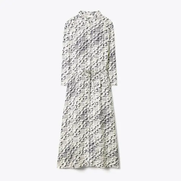 Tory Burch Silk Midi Dress - New Ivory Distressed Pixelated Logo