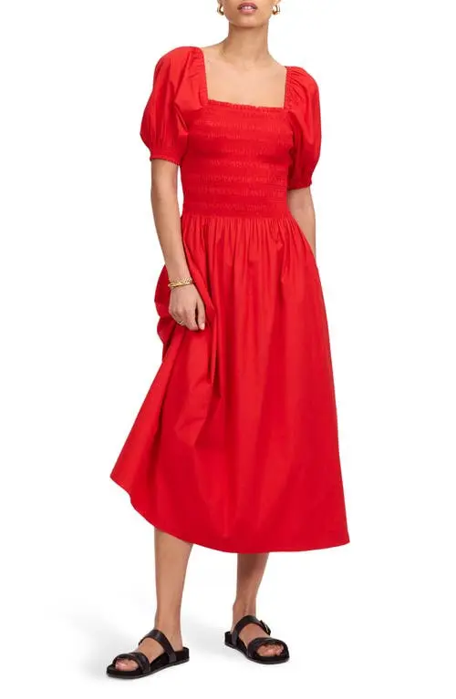 Madewell Smocked Puff Sleeve Midi Dress - Cerise