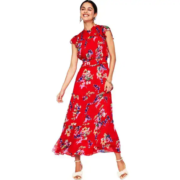 Boden Pleat & Ruffle Floral Print Dress In Red - 50% Off | Editorialist