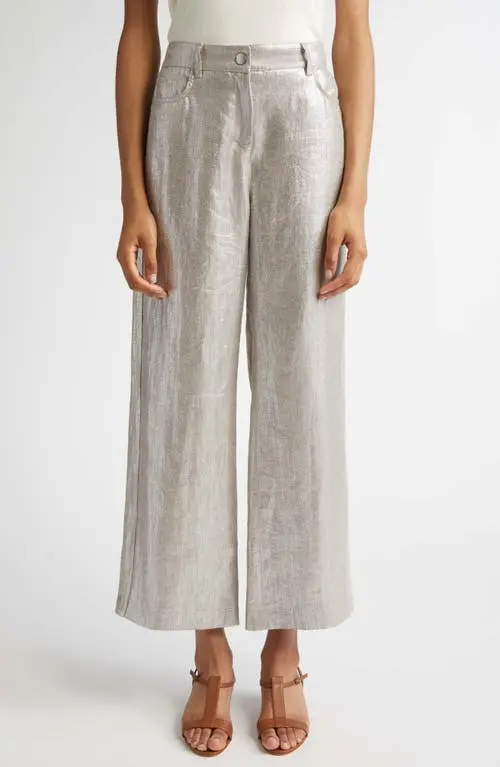 Max Mara Malika Metallic Coated Linen Wide Leg Pants - Silver
