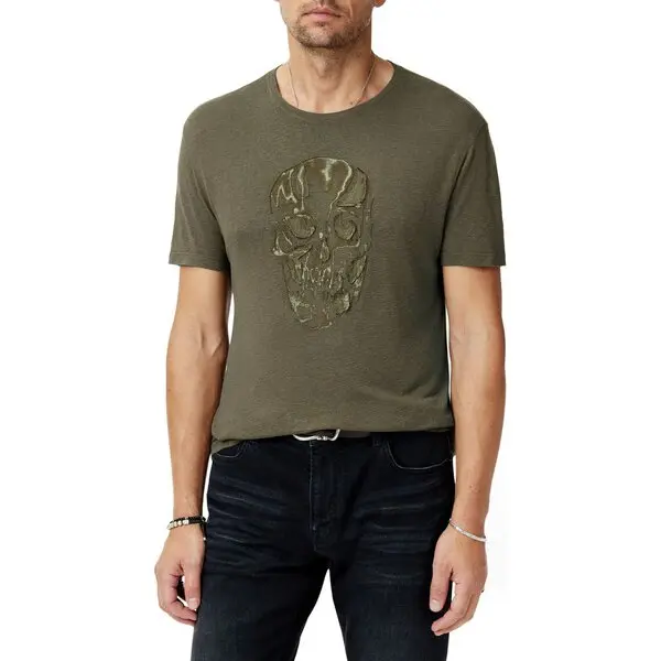 John Varvatos Chain Skull Appliqué Slub Linen Blend T-shirt - Olive Leaf