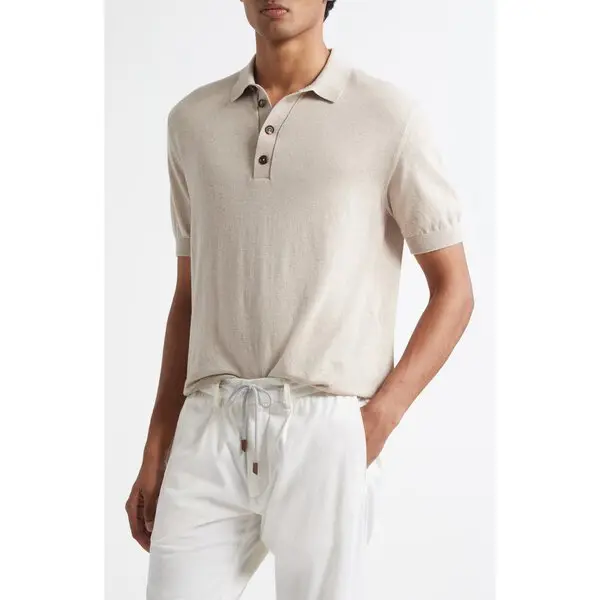 Eleventy Short Sleeve Cotton & Cashmere Polo Sweater - 02 Sand