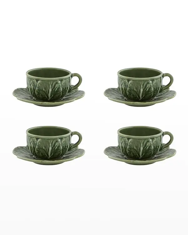 BORDALLO PINHEIRO Cabbage Teacup & Saucers, Green Set Of 4