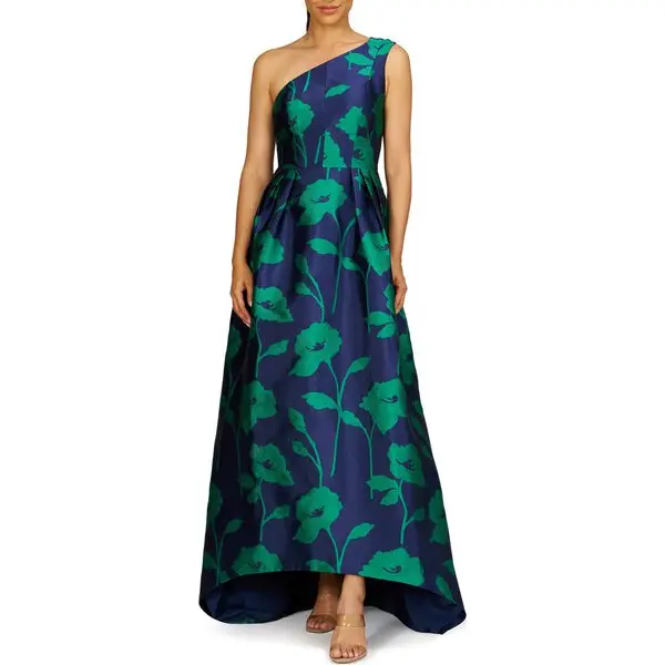 KAY UNGER Tiara Floral-print One-shoulder Gown