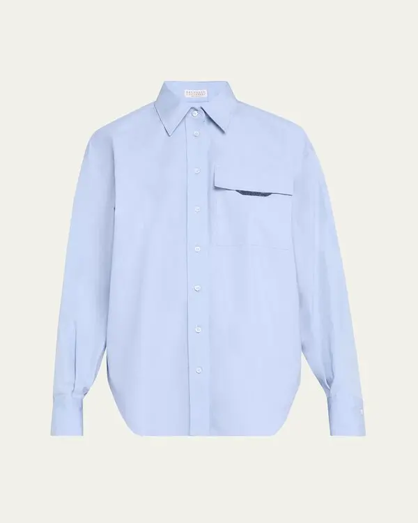 Brunello Cucinelli Matte Poplin Shirt With Monili Flap Pocket - Cloud