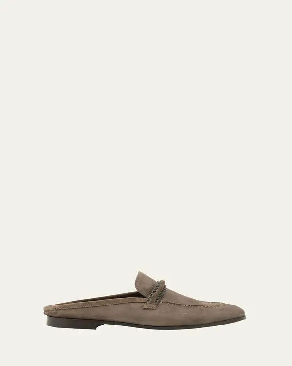 Brunello Cucinelli Suede Loafer Mules With Monili Strap - Torba